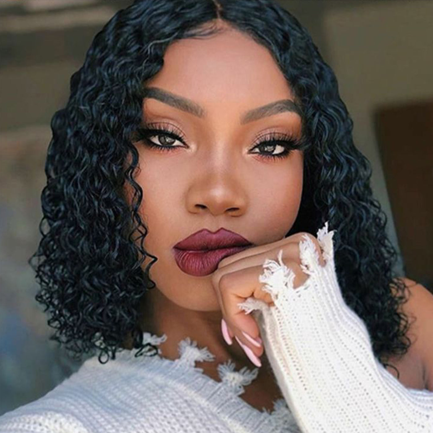 100% Human Hair T-Part Lace Wig Short Curly Bob 14"