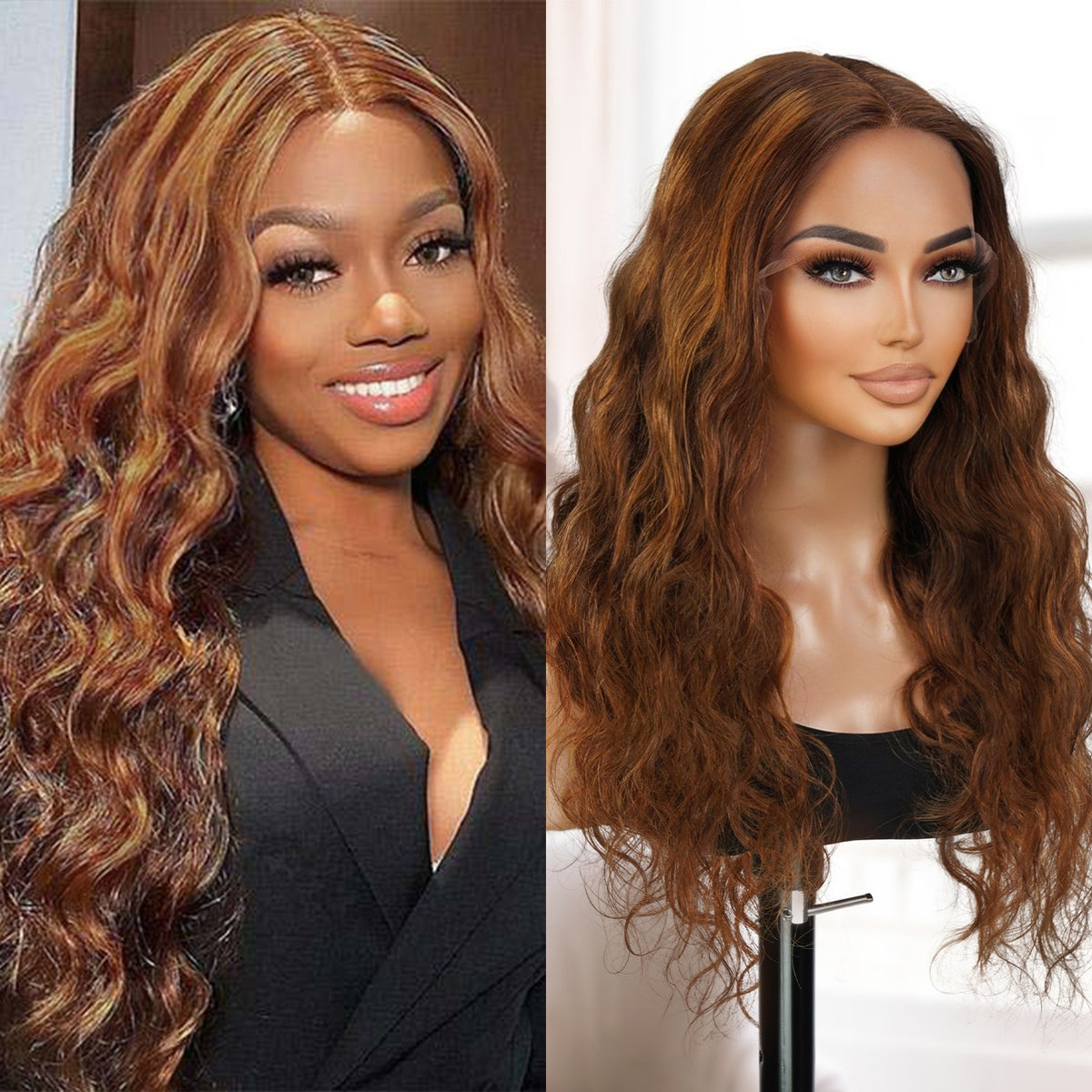 100% Human Hair T-Part Lace Wig Face Balayage Highlight 4/27 Body Wave